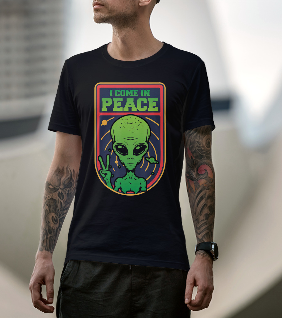 I Come In Peace Green Alien Face Head With UFO And Peace Sign T-Shirt