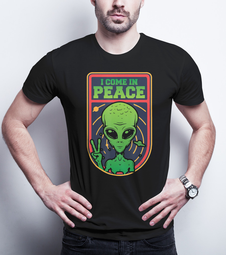 I Come In Peace Green Alien Face Head With UFO And Peace Sign T-Shirt