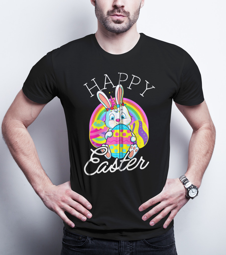 Happy Easter Unicorn Bunny Rabbit Eggs Rainbow Cute Kids Girls Women T-Shirt