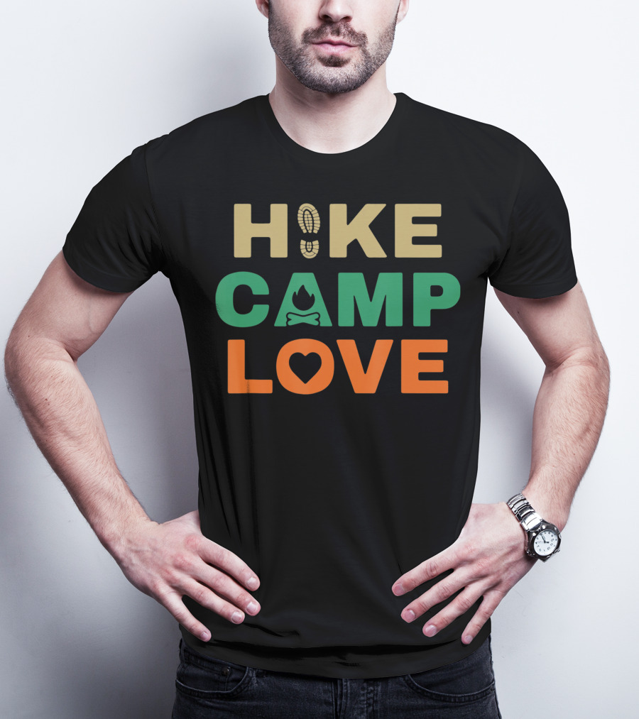 Hike Camp Love Boot Print Bonfire Heart Camping Hiking T-Shirt