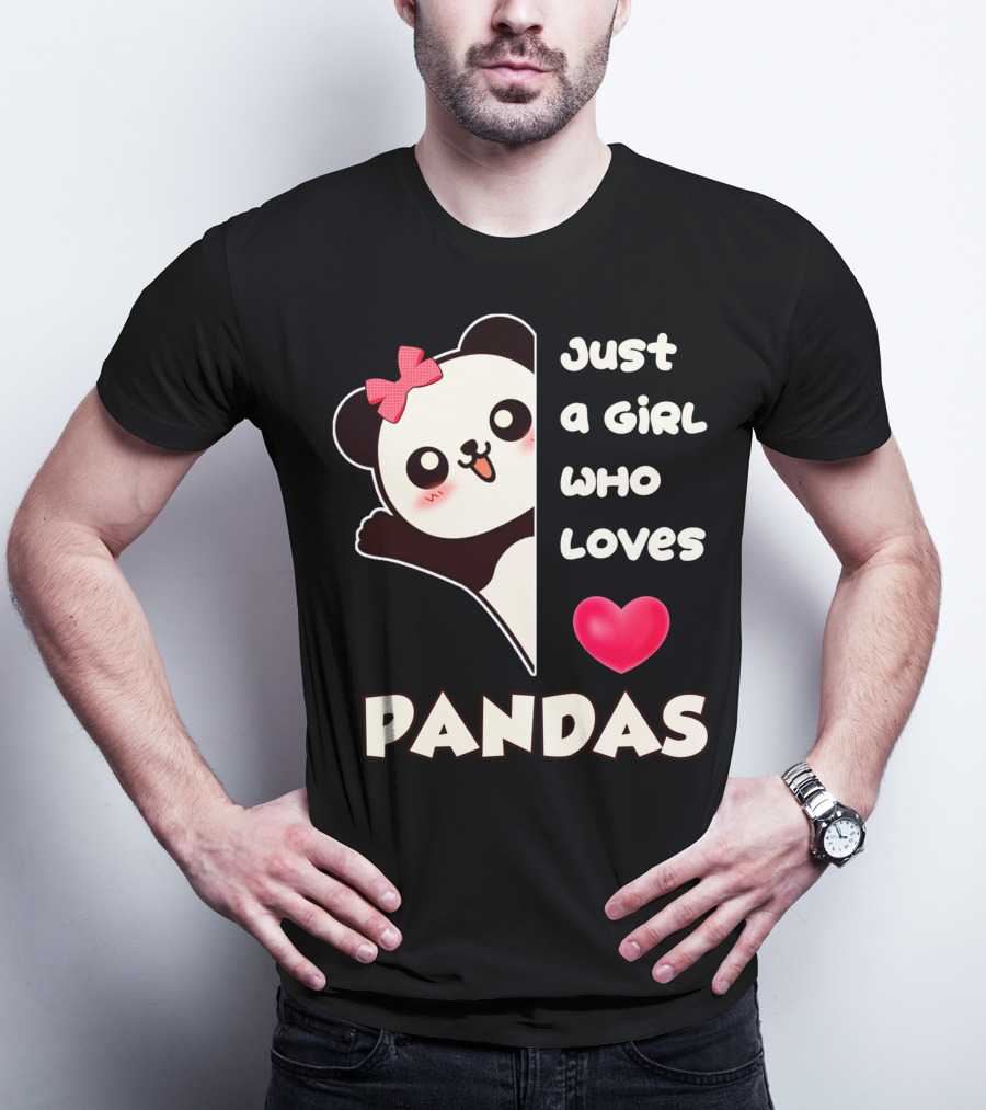 Just A Girl Who Loves Pandas Cute Kawaii Panda With Red Bow And Heart T-Shirt