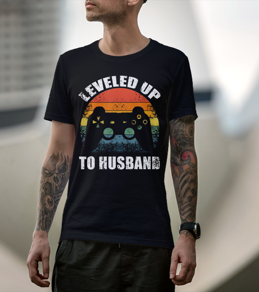 Leveled Up To Husband Retro Video Game Controller Wedding Announcement T-Shirt