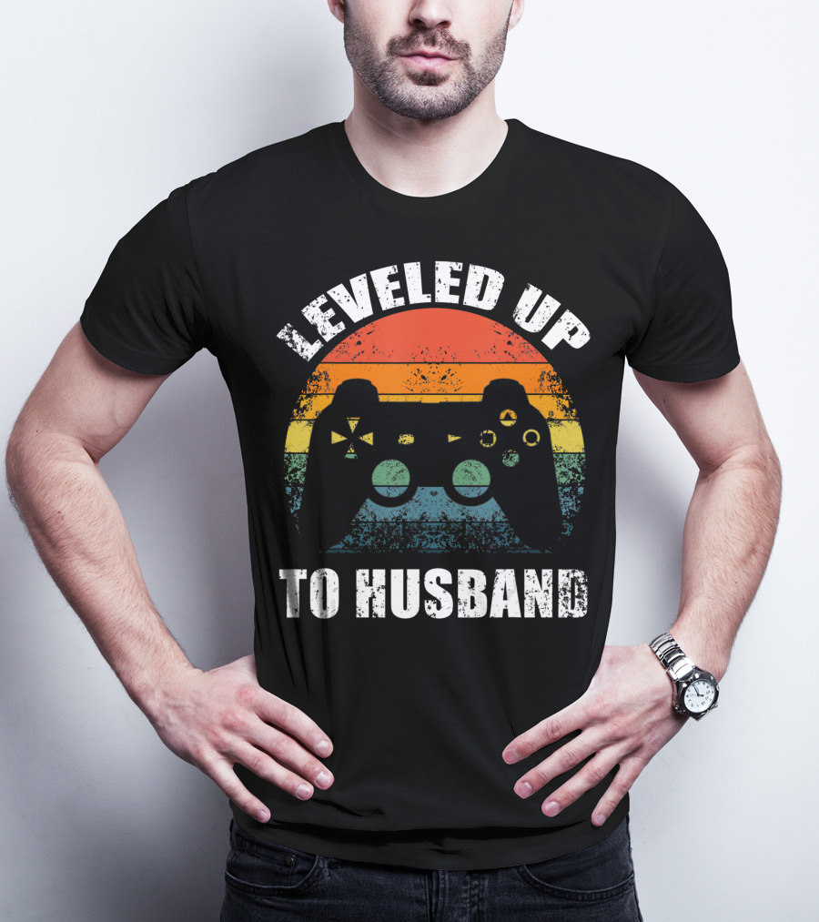Leveled Up To Husband Retro Video Game Controller Wedding Announcement T-Shirt