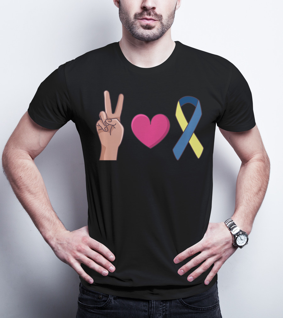 Peace Love Down Syndrome Awareness Blue Yellow T-Shirt