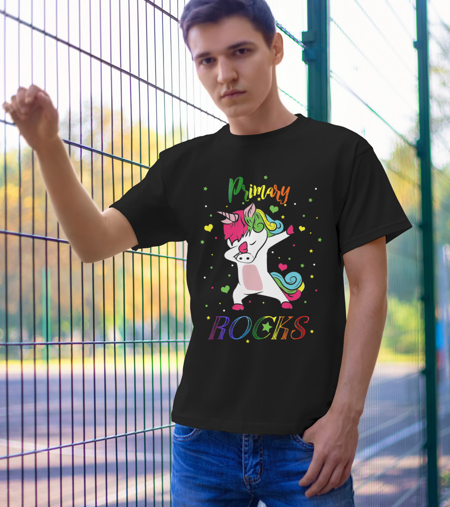 Primary Rocks Colorful Dabbing Unicorn With Hearts And Stars T-Shirt