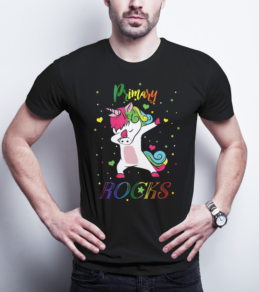 Primary Rocks Colorful Dabbing Unicorn With Hearts And Stars T-Shirt