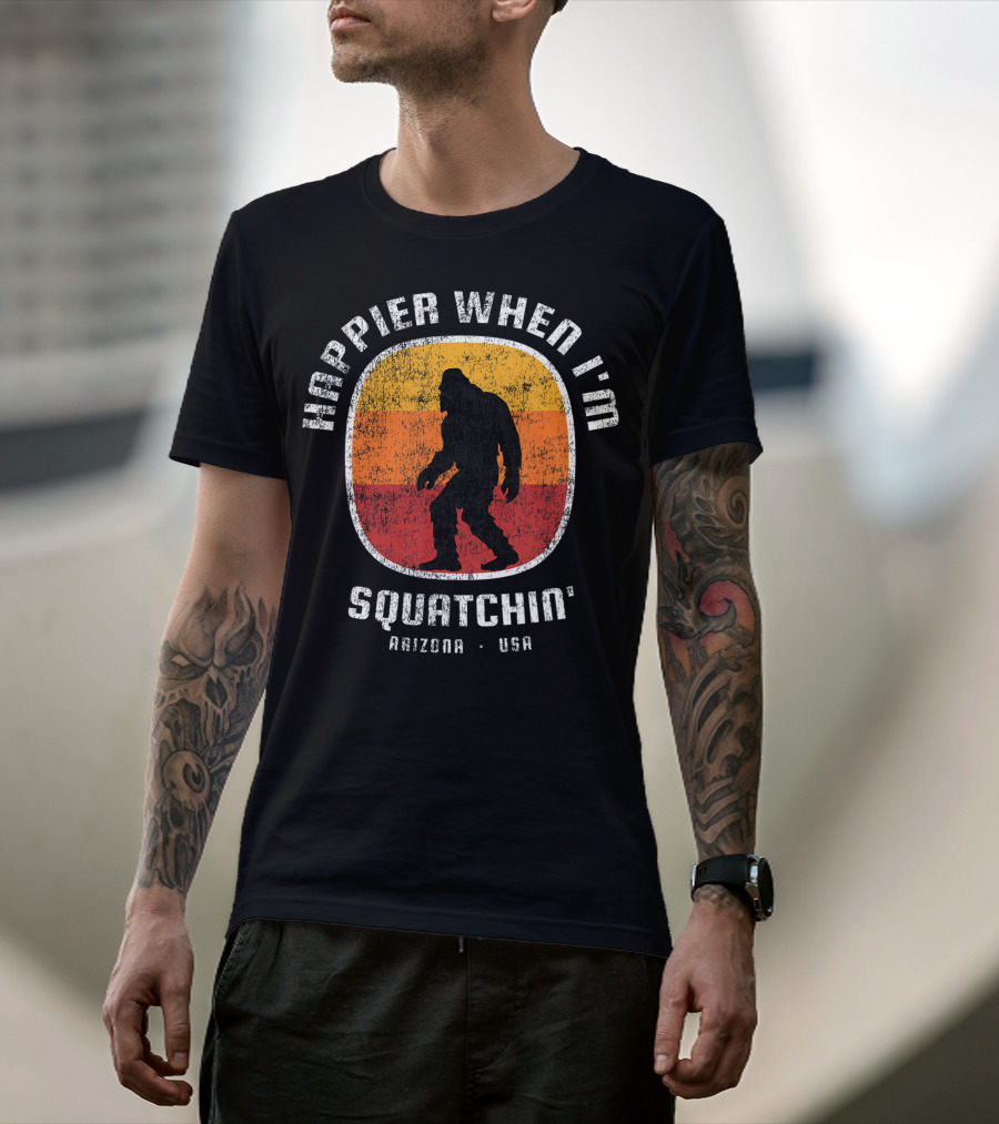 Happier When I'm Squatchin' Arizona USA Sasquatch Silhouette Retro Stripes T-Shirt