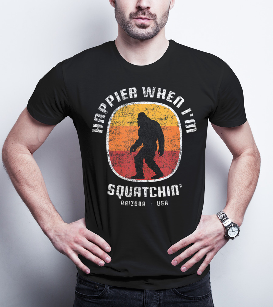 Happier When I'm Squatchin' Arizona USA Sasquatch Silhouette Retro Stripes T-Shirt
