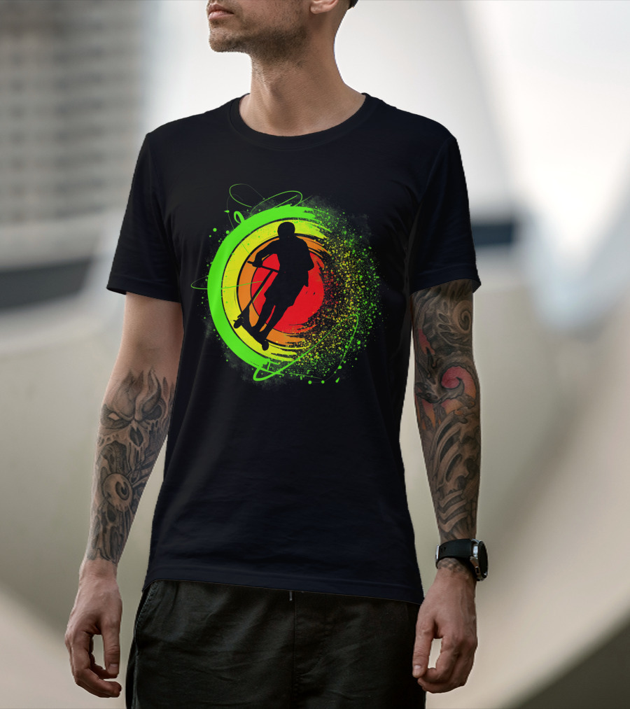 Scooter Stunt Action Silhouette In Vivid Circular Splash T-Shirt