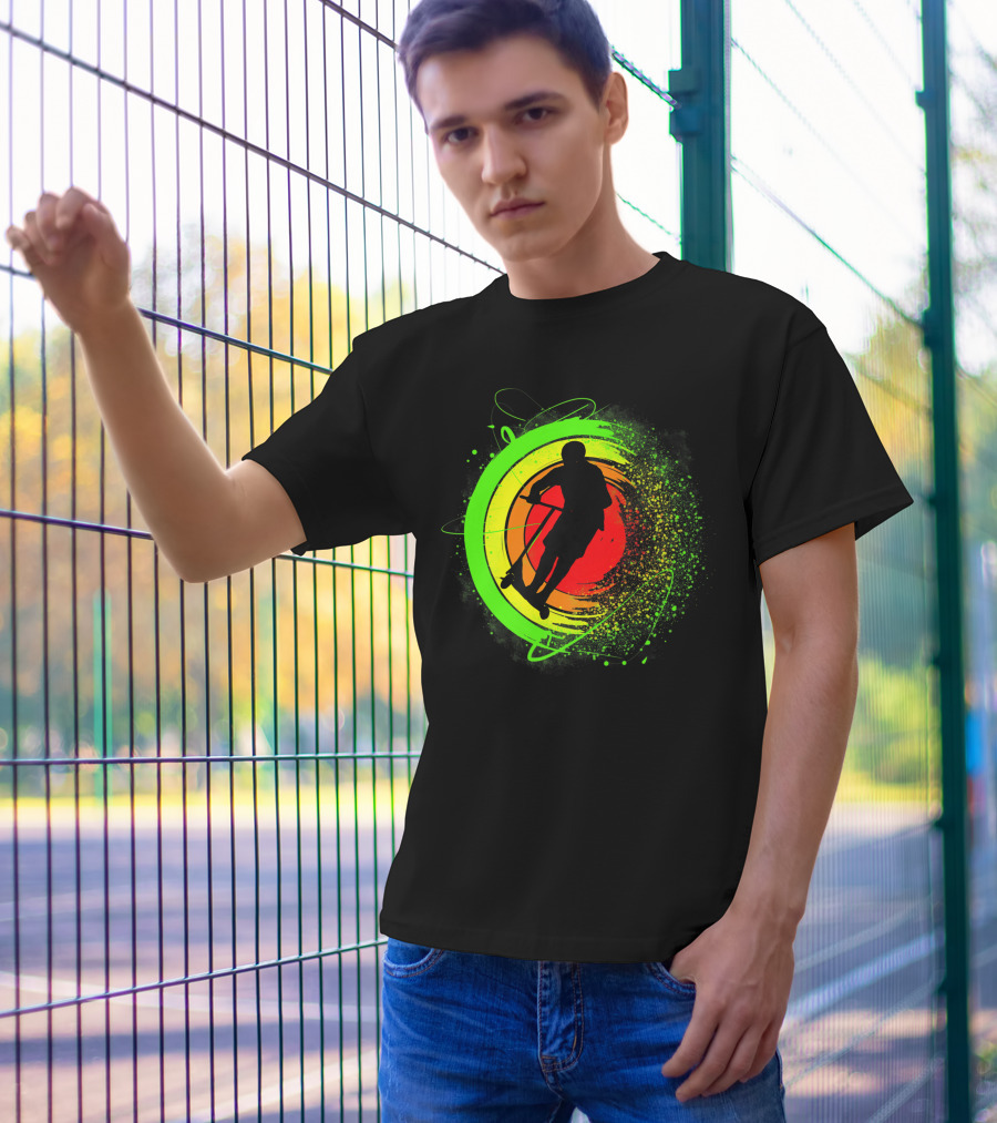 Scooter Stunt Action Silhouette In Vivid Circular Splash T-Shirt