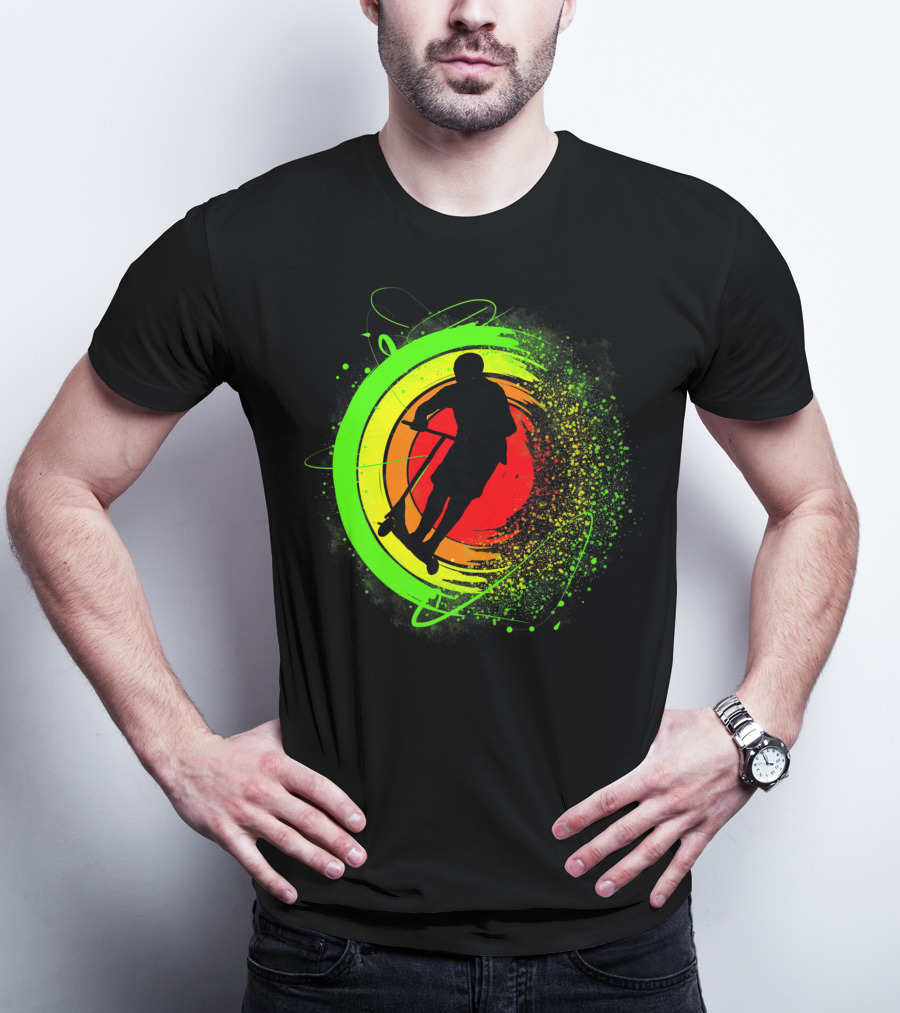 Scooter Stunt Action Silhouette In Vivid Circular Splash T-Shirt