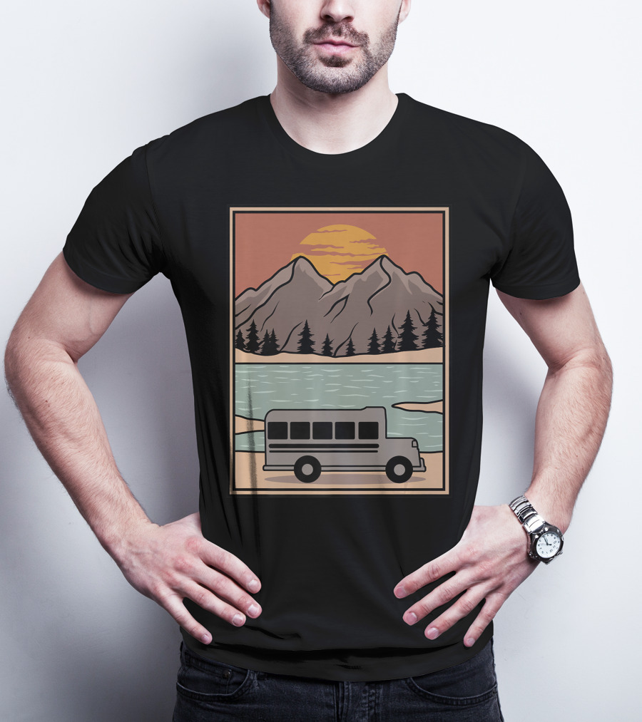 Vintage Skoolie Bus Conversion Scenic Mountain Lake Sunset T-Shirt