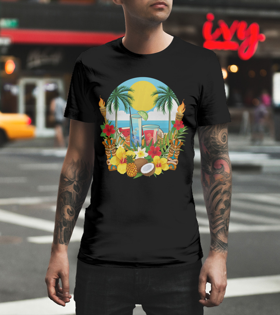 Tropical Sunset With Palm Trees And Exotic Drinks Amidst Tiki Torches And Hibiscus Flowers T-Shirt