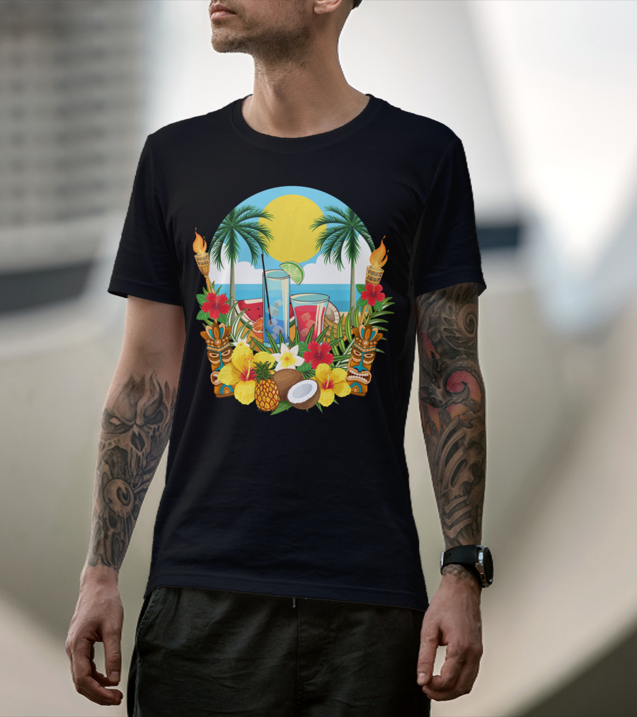 Tropical Sunset With Palm Trees And Exotic Drinks Amidst Tiki Torches And Hibiscus Flowers T-Shirt