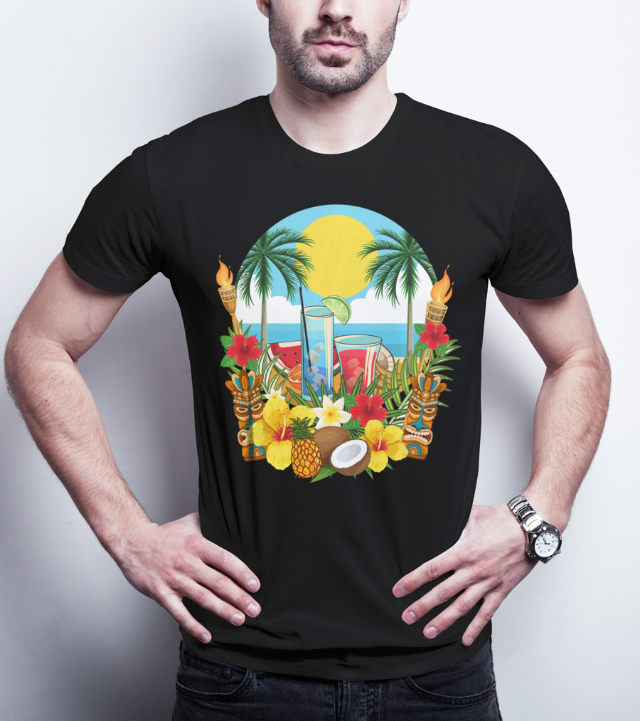 Tropical Sunset With Palm Trees And Exotic Drinks Amidst Tiki Torches And Hibiscus Flowers T-Shirt
