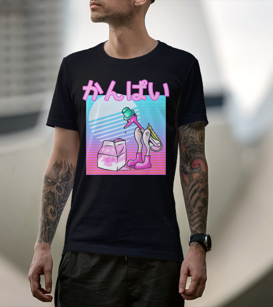 Vaporwave Strawberry Milk Kanpai Drinking Bird Toy Japanese T-Shirt
