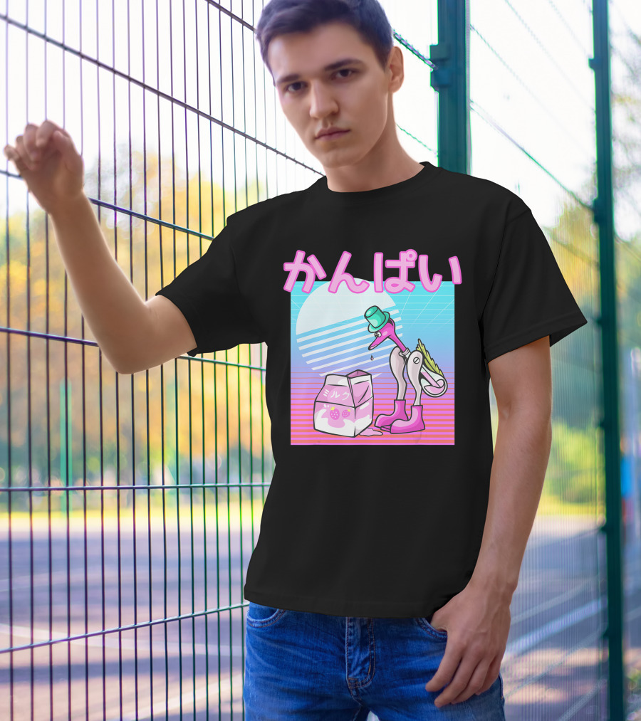 Vaporwave Strawberry Milk Kanpai Drinking Bird Toy Japanese T-Shirt
