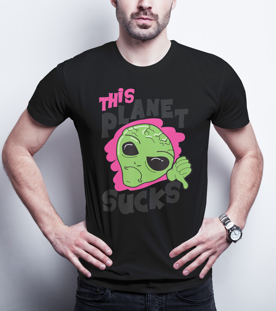 Green Alien Head Face This Planet Sucks Thumbs Down T-Shirt
