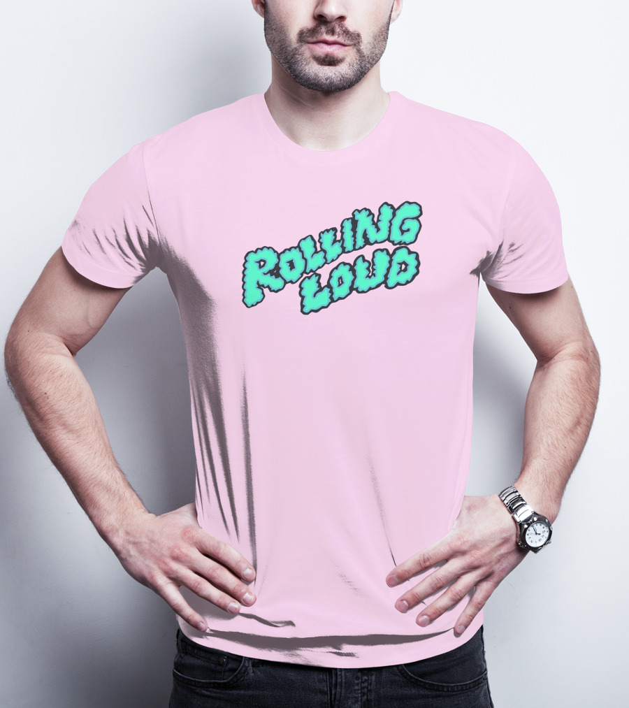 Rolling Loud Puffy Text Design On Pastel Pink Background T-Shirt
