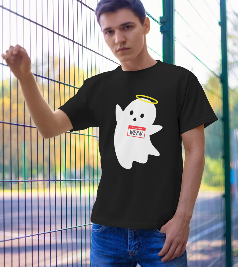 Wholesome Hallo I Am Ween Ghost With Halo And Nametag T-Shirt