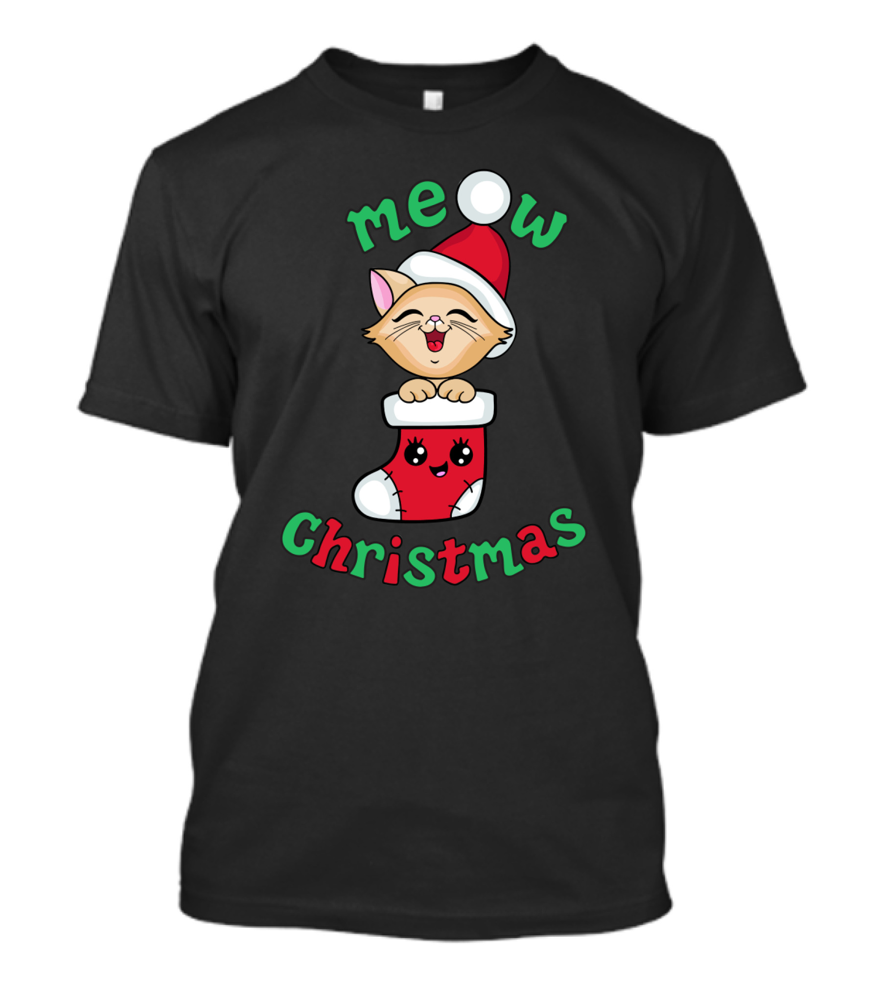 Meow Christmas Cute Kitten In Santa Hat And Stocking T-Shirt