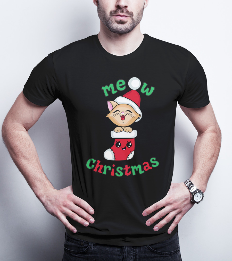 Meow Christmas Cute Kitten In Santa Hat And Stocking T-Shirt