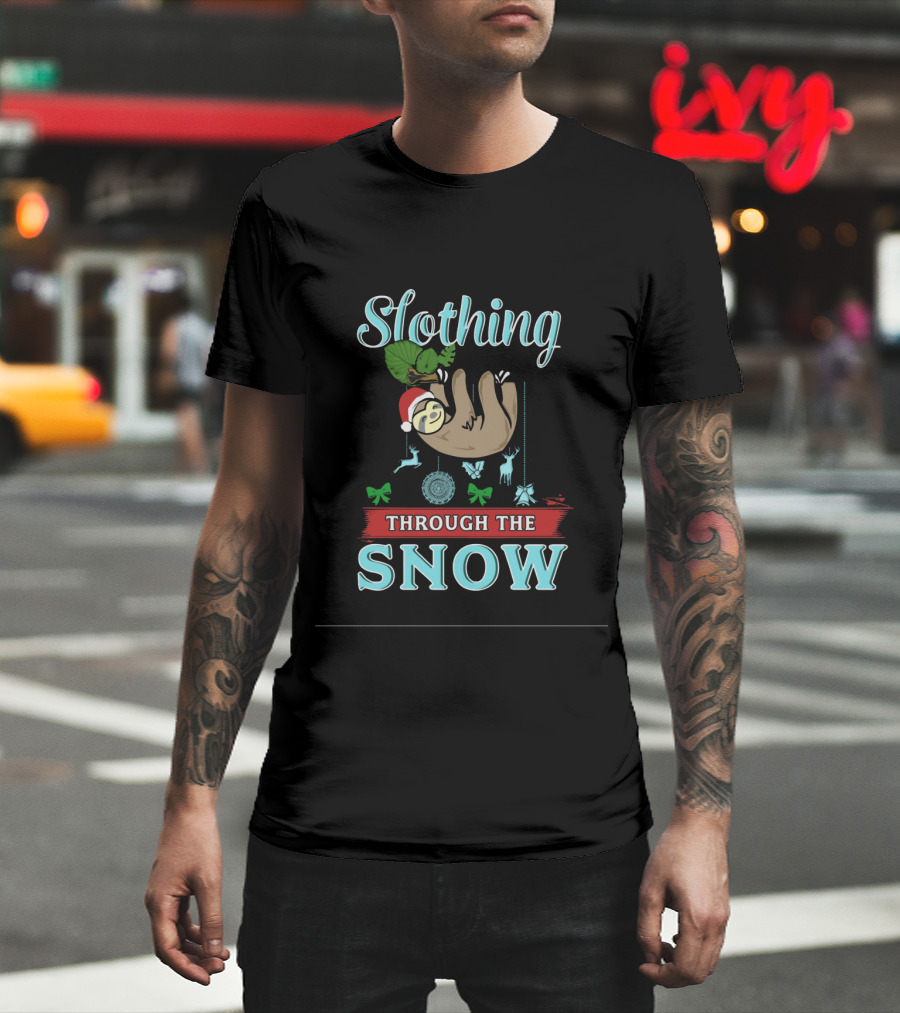 Slothing Through The Snow With Santa Hat And Christmas Decorations T-Shirt