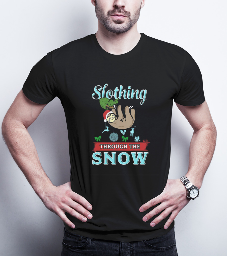 Slothing Through The Snow With Santa Hat And Christmas Decorations T-Shirt