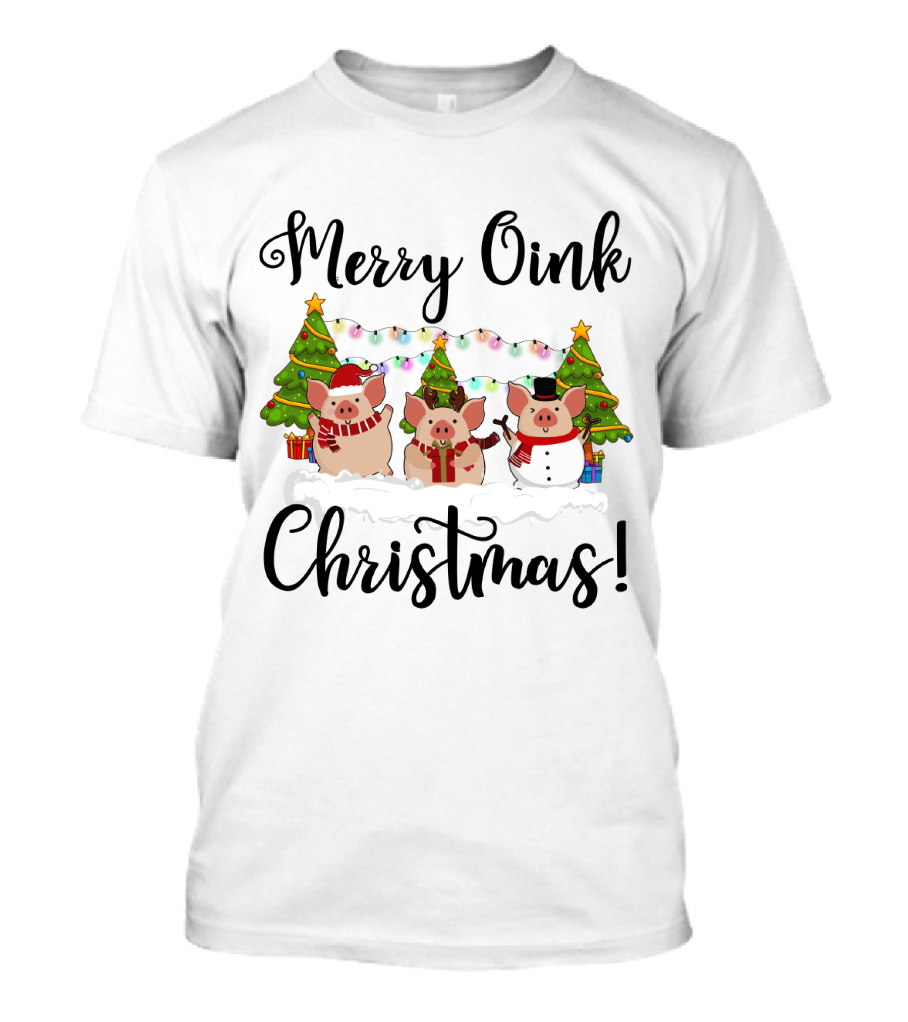 Merry Oink Christmas Pigs With Festive Trees And Lights T-Shirt