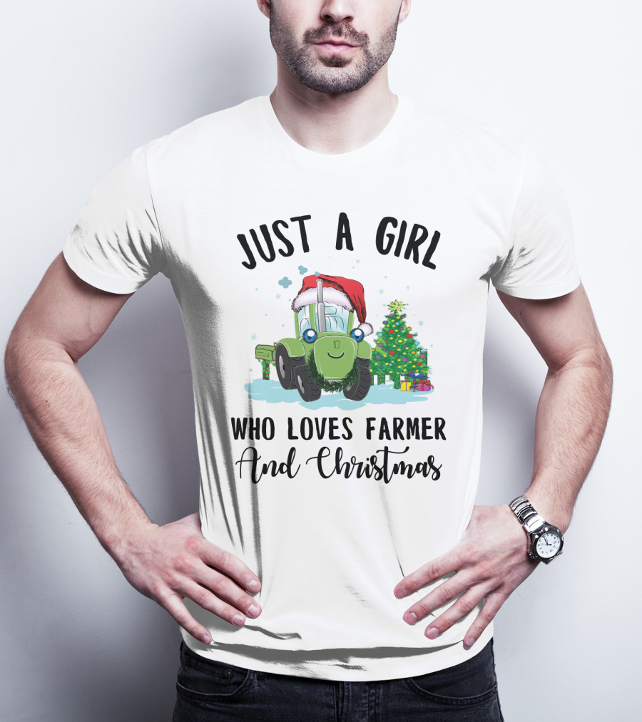 Just A Girl Who Loves Farmer And Christmas With Santa Hat Tractor And Christmas Tree T-Shirt
