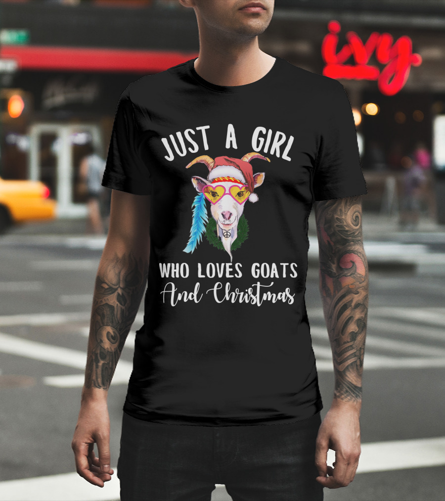 Just A Girl Who Loves Goats And Christmas With Santa Hat Peace Sign Glasses T-Shirt