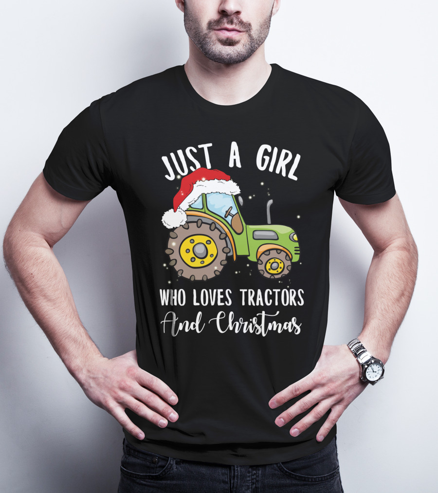 Just A Girl Who Loves Tractors And Christmas With Santa Hat T-Shirt