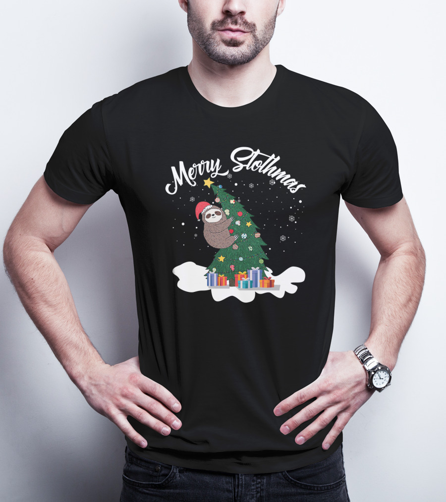 Merry Slothmas Sloth On Christmas Tree With Gifts And Snowflakes T-Shirt