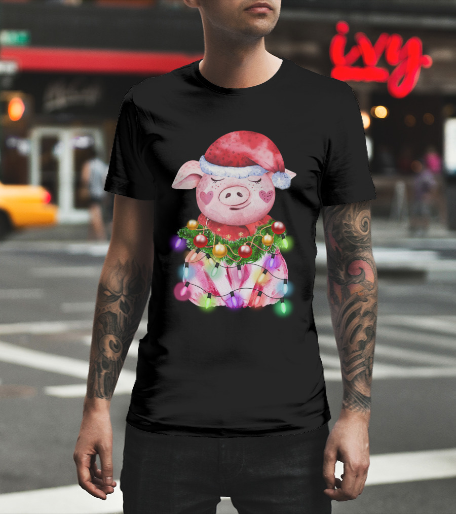 Santa Hat Heart Cheek Pink Pig Wrapped In Christmas Lights T-Shirt