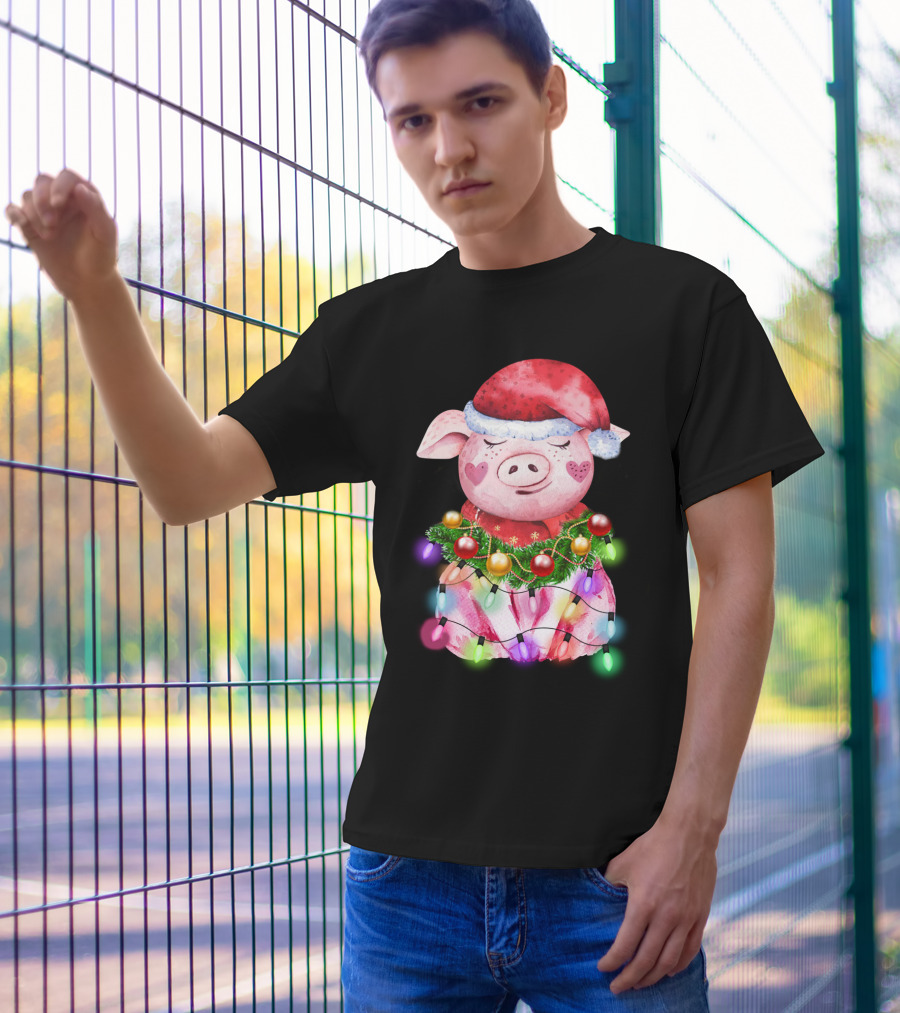 Santa Hat Heart Cheek Pink Pig Wrapped In Christmas Lights T-Shirt