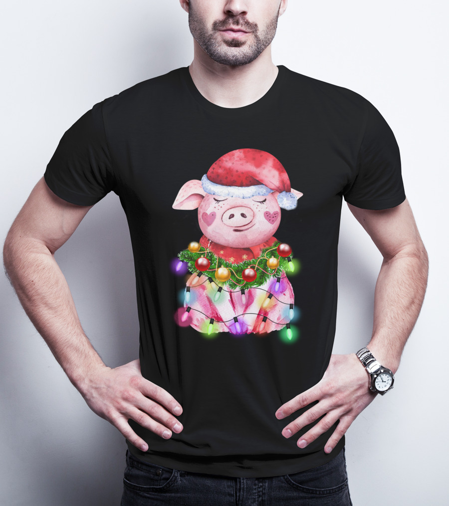 Santa Hat Heart Cheek Pink Pig Wrapped In Christmas Lights T-Shirt