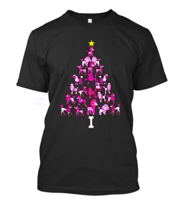 Poodles Dogs Forming Christmas Tree With Star And Bone Base T-Shirt