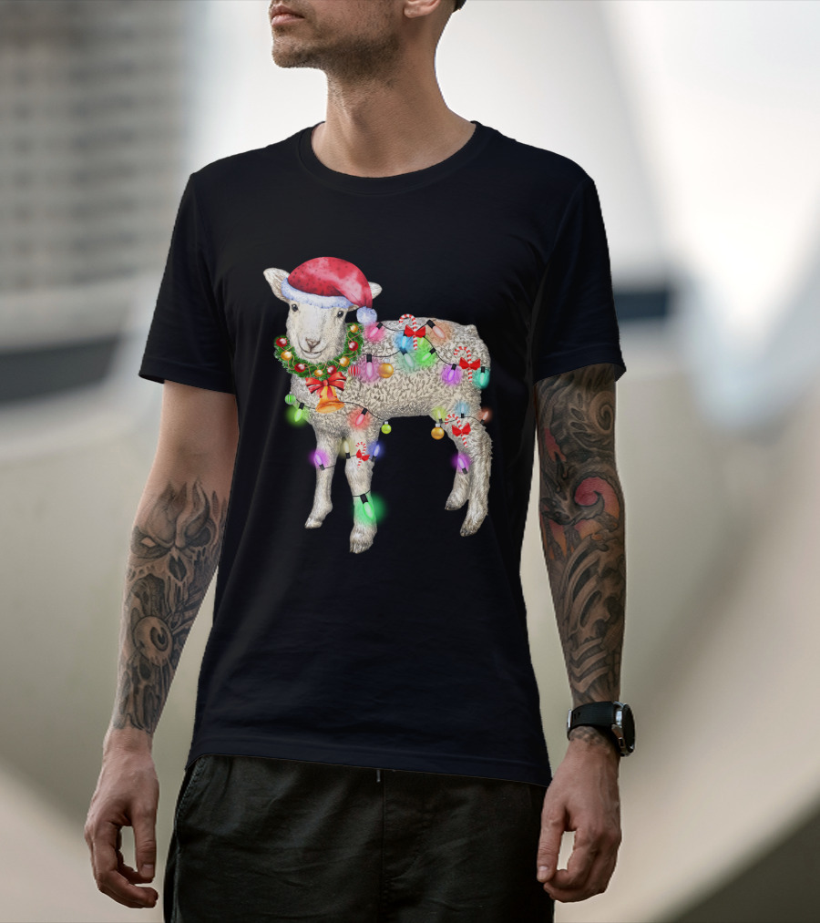 Christmas Sheep With Santa Hat And Holiday Lights T-Shirt