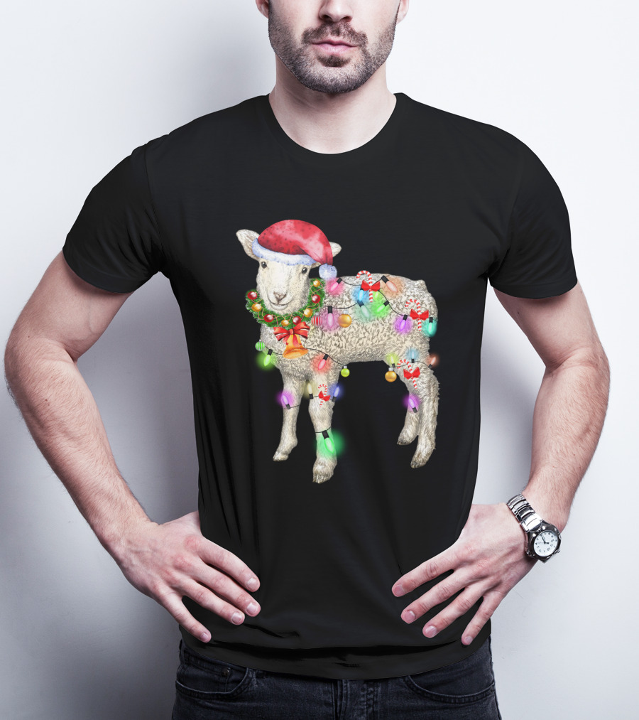 Christmas Sheep With Santa Hat And Holiday Lights T-Shirt