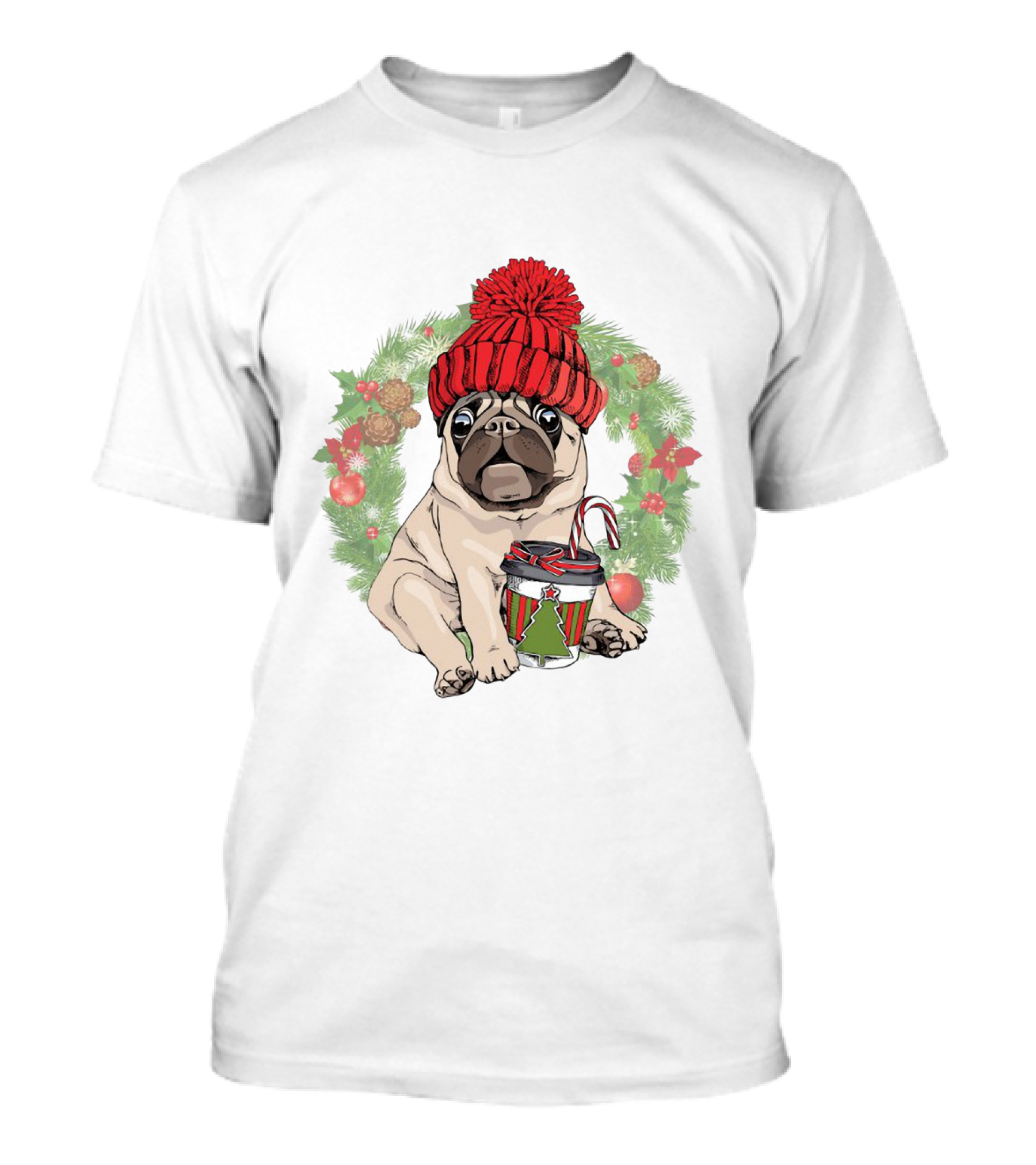 Festive Pug In Red Hat Holding Christmas Cup Surrounded By Holiday Wreath T-Shirt