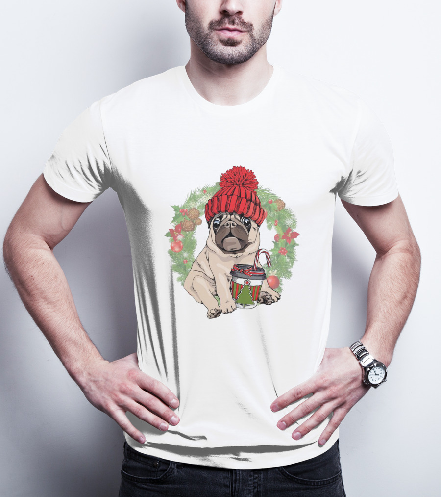 Festive Pug In Red Hat Holding Christmas Cup Surrounded By Holiday Wreath T-Shirt