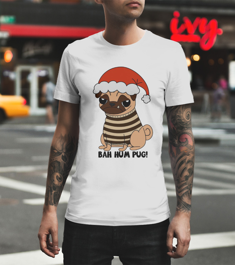 Bah Hum Pug Christmas Santa Hat Grumpy Holiday Pug Stripe T-Shirt