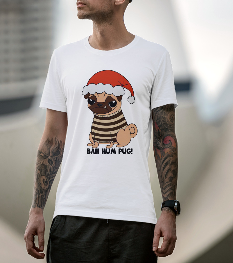Bah Hum Pug Christmas Santa Hat Grumpy Holiday Pug Stripe T-Shirt