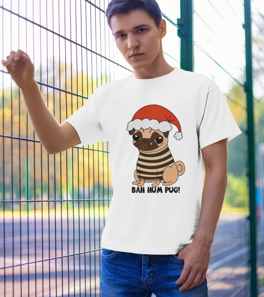 Bah Hum Pug Christmas Santa Hat Grumpy Holiday Pug Stripe T-Shirt