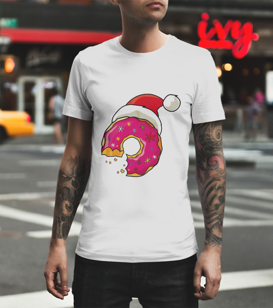 Santa Hat Candy Xmas Donut With Pink Frosting And Stars T-Shirt