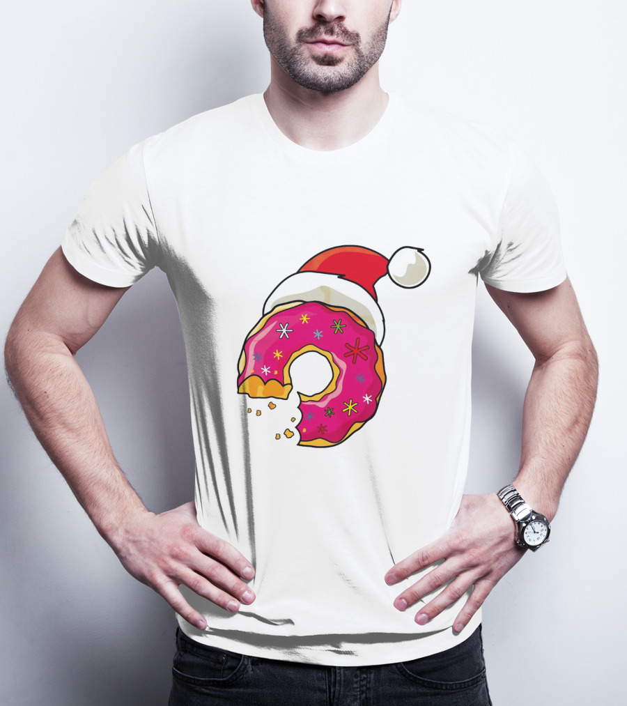 Santa Hat Candy Xmas Donut With Pink Frosting And Stars T-Shirt