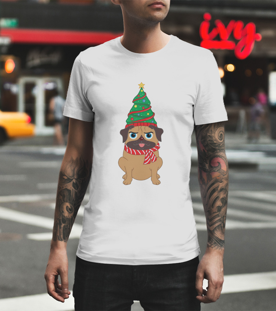 Snuggly Pug With Christmas Tree Hat And Festive Scarf Holiday T-Shirt