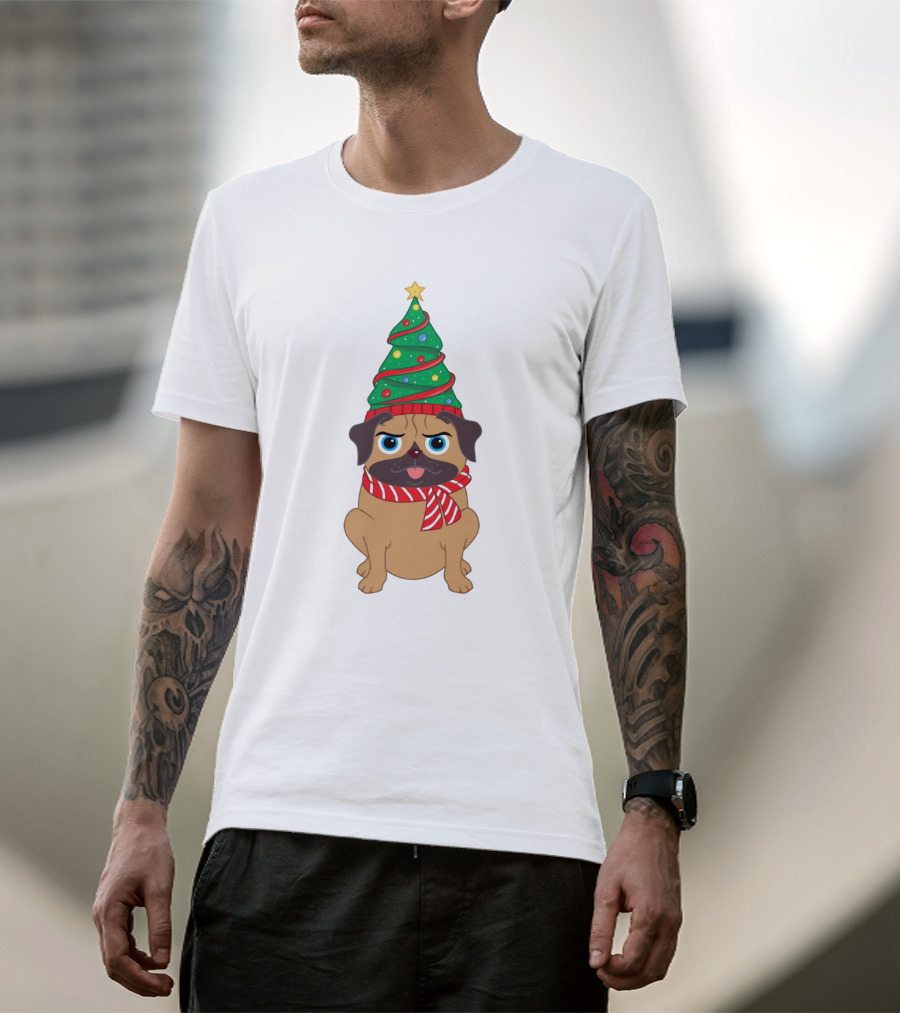 Snuggly Pug With Christmas Tree Hat And Festive Scarf Holiday T-Shirt