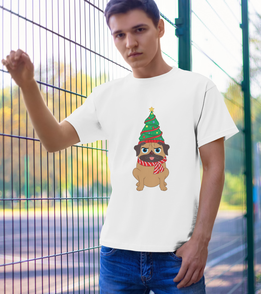 Snuggly Pug With Christmas Tree Hat And Festive Scarf Holiday T-Shirt