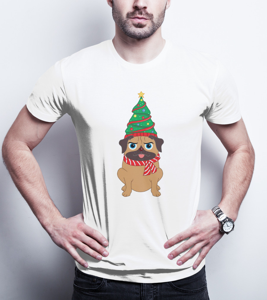 Snuggly Pug With Christmas Tree Hat And Festive Scarf Holiday T-Shirt